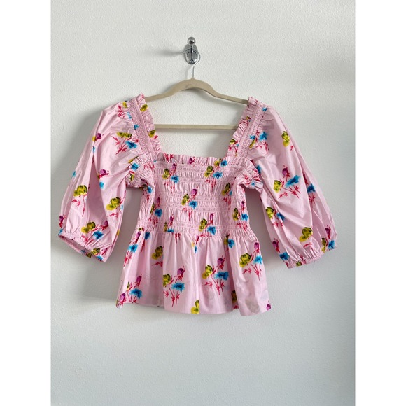 Ganni | Tops | Ganni Top Women 366 Pink Floral Puff Sleeve Smocked ...